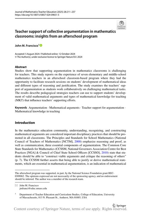 Teacher Support Of Collective Argumentation In Mathematics Classrooms Insights From An