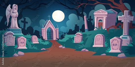 Cemetery Landscape At Night Tombstone With Rip Inscription Cartoon