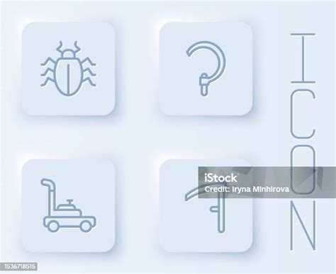 세트 라인 콜로라도 딱정벌레 낫 잔디 깎는 기계 및 낫 흰색 사각형 버튼입니다 벡터 감자 요리에 대한 스톡 벡터 아트 및 기타 이미지 감자 요리 곤충 공포 무서움