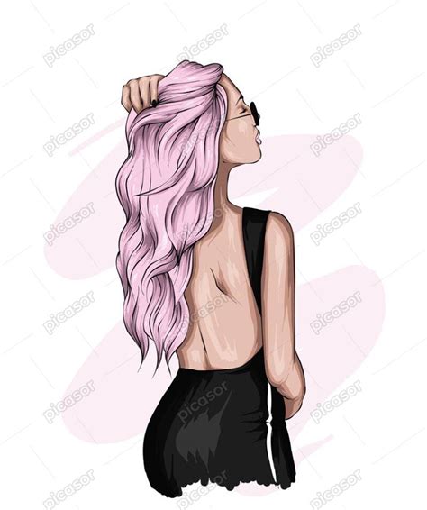 وکتور دختر فشن از پشت سر با استایل دخترانه و لباس شیک مشکی و موهای