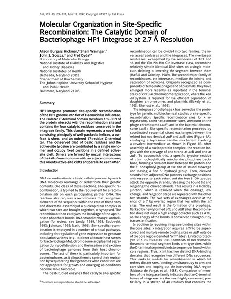 Pdf Molecular Organization In Site Specific Recombination The Catalytic Domain Of