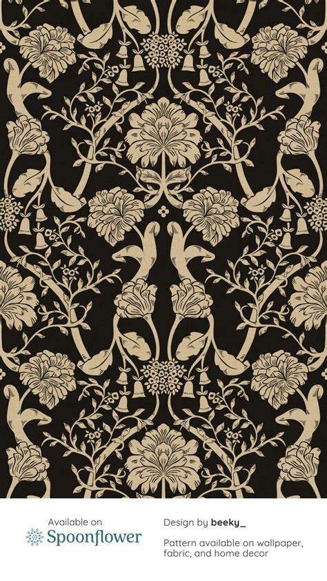 Wallpaper For Interiors Chrysanthemum Arts And Crafts Damask Floral Black And Ecru Fabric