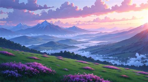 Paisaje Estilo Anime Con Atardecer En La Montaña Entre Un Rio Fondo De