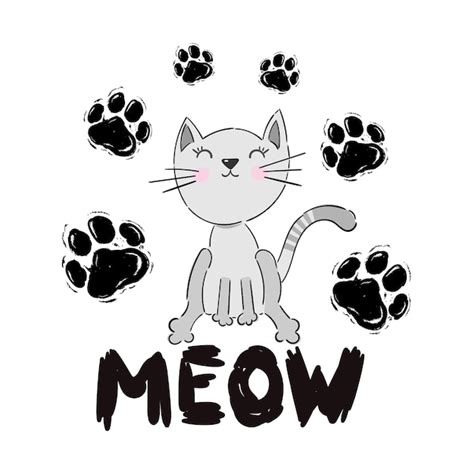 Premium Vector Grey Cat Is Saying Meow Cute Vector Hand Drawn