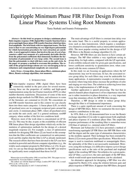 Pdf Equiripple Minimum Phase Fir Filter Design From Linear Phase