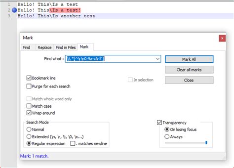 Notepad Bookmark Line Containing Specific Character And Starting In The Middle Of A String Using