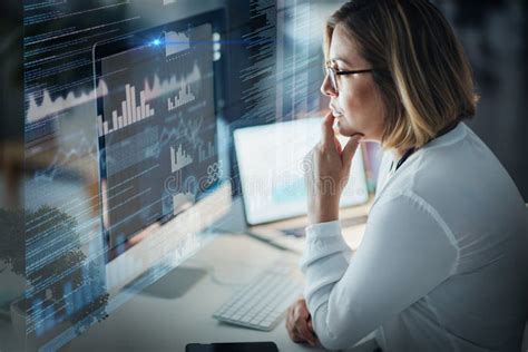 Data Analytics Computer Screen And Woman In Night For Stock Market Research Graphs And Chart