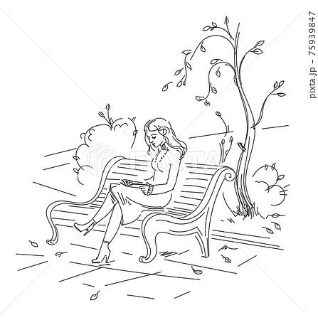 Girl Reading A Book Sitting On The Bench Inのイラスト素材 75939847 Pixta