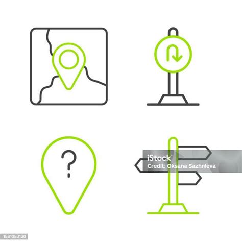 라인 도로 교통 표지판 알 수 없는 경로 지점 도로 되돌리기 및 위치 마커 아이콘이 있는 접힌 지도를 설정합니다 벡터 간판에 대한 스톡 벡터 아트 및 기타 이미지 Istock