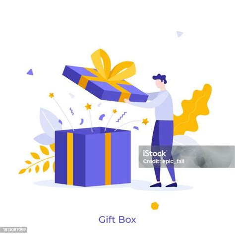 선물 상자를 열고 그 안에서 던져진 축제 색종이를 보고 있는 남자 생일 선물 명절 인사 서프라이즈 파티의 컨셉 현대 평면 다채로운 벡터 일러스트 그림 대한 배너 포스터