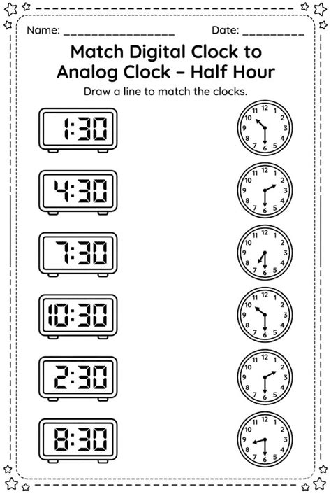 Match Digital Clock To Analog Clock Half Hour Worksheet Download