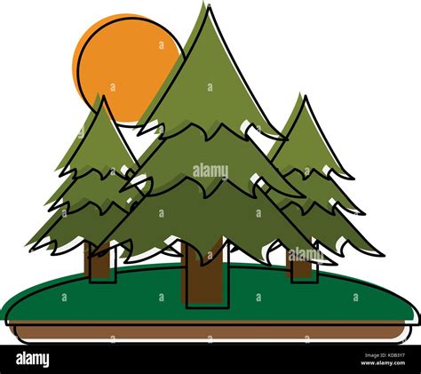 Pine Trees Forest With Sun And Grass Icon Image Stock Vector Image