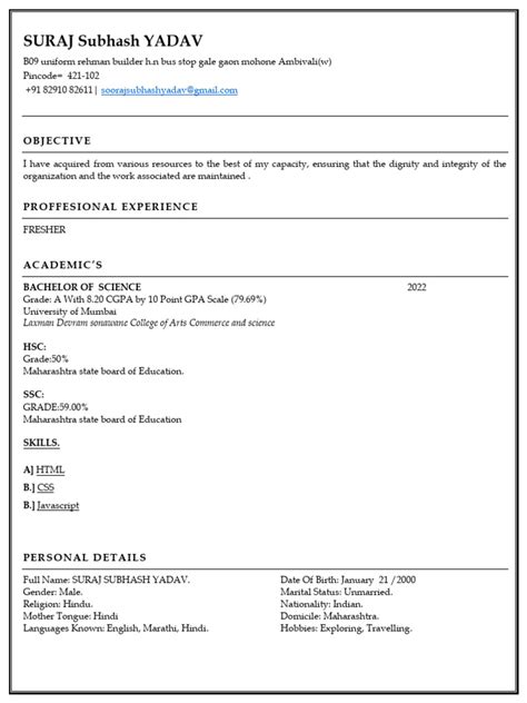 Sample Suraj Cv Pdf