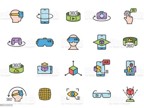 증강 현실 채워진 윤곽선 아이콘 세트 흰색 배경에 격리 된 Ar 및 Vr 두 가지 색상 선 아이콘 웹 모바일 앱 Ui 디자인 및 인쇄를위한 가상 및 증강 현실 벡터