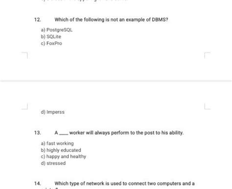 12 Which Of The Following Is Not An Example Of Dbmsa Postgresqlb Sq