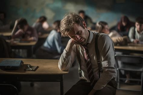 Premium Ai Image Sad And Depressed Teacher In Classroom