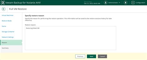 Step Specify Reason For Restore Veeam Backup For Nutanix AHV User Guide