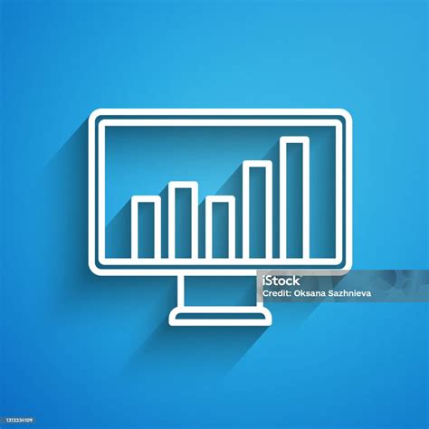 파란색 배경에 격리 된 그래프 차트 아이콘이있는 흰색 선 컴퓨터 모니터 텍스트 파일을 보고합니다 회계 기호 감사 분석 계획 긴 그림자 벡터 0명에 대한 스톡 벡터 아트 및