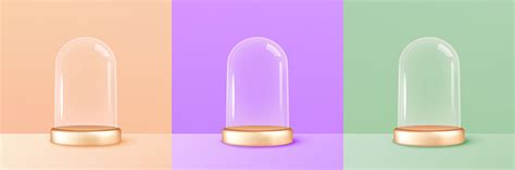 유리 크리스탈 돔 세트입니다 휴일 장식 현실적인 3d 유리 투명한 빈 돔은 주황색 보라색 및 녹색 배경에 격리되어 있습니다