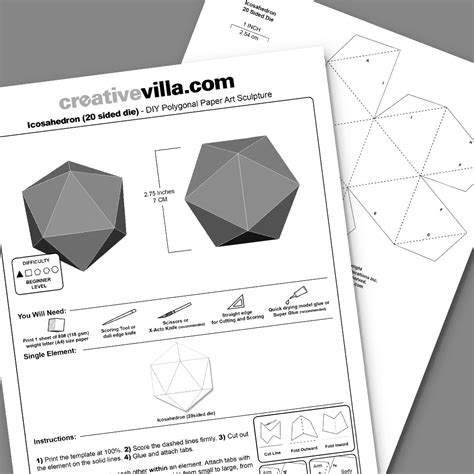 icosahedron 20 sided die diy low poly paper model template paper cr