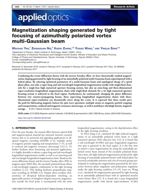 Pdf Magnetization Shaping Generated By Tight Focusing Of Azimuthally Polarized Vortex Multi