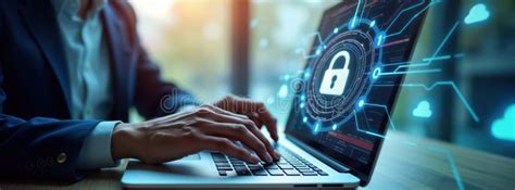 Businessman Uses Laptop For Cyber Security Data Protection System On Screen Cloud Computing