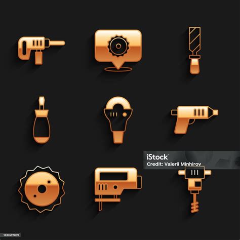 세트 앵글 그라인더 전기 직소 전기 손 콘크리트 믹서 무선 스크루 드라이버 원형 블레이드 스크루 드라이버 래즈 금속 파일 및 드릴 머신 아이콘 벡터 Rotary