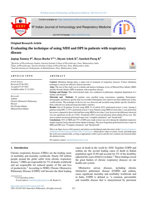 PDF Evaluating The Technique Of Using MDI And DPI In Patients With Respiratory Disease