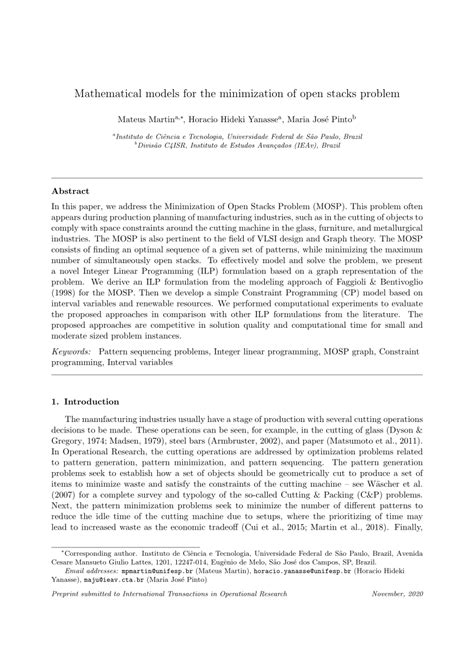 Pdf Mathematical Models For The Minimization Of Open Stacks Problem