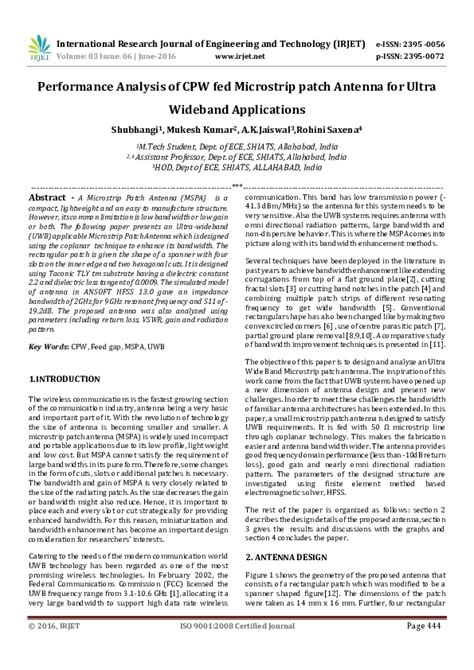 Pdf Performance Analysis Of Cpw Fed Microstrip Patch Antenna For Ultra Wideband Applications