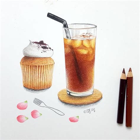 임봄손그림 초코칩쿠키컵케이크와 아아메 🌹🌸 그리고 나의 몽땅이 색연필들😒 프리즈마 색연필그림 손그림 손그림일러스트 취미미술 그림그리기 디저트