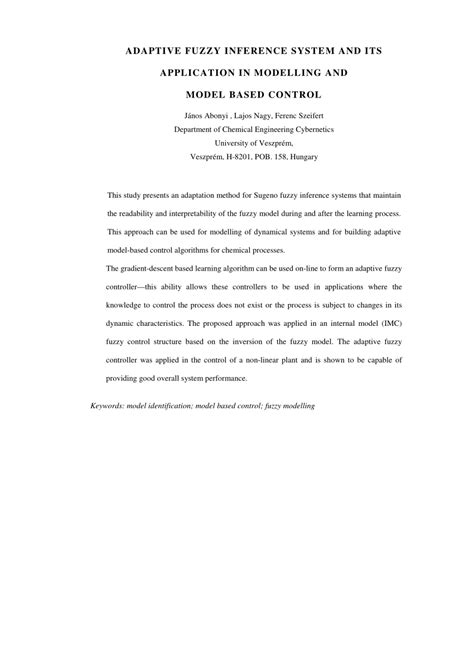 Pdf Adaptive Fuzzy Inference System And Its Application In Modelling And Model Based Control