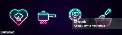 세트 라인 요리사 모자 불에 냄비 계란 프라이팬 프라이팬을 그릇으로 휘젓습니다 빛나는 네온 아이콘입니다 벡터 강철에 대한 스톡