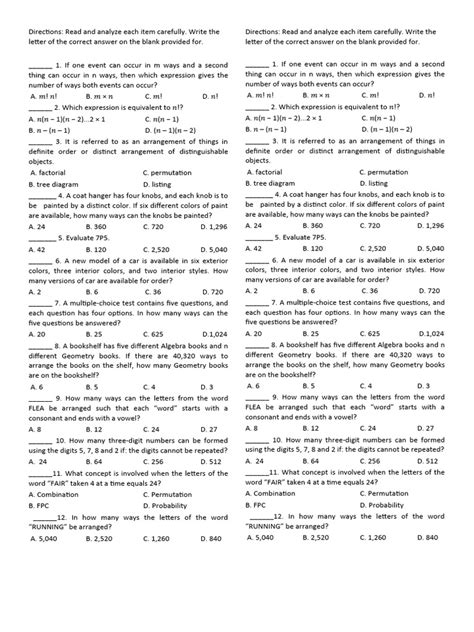 Summative Test Math 10 Week 1 And 2 Pdf Permutation Mathematics