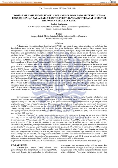 Pdf Komparasi Hasil Proses Pengelasan Mig Dan Smaw Pada Material Scm440 Dan S35c Dengan