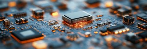 Modern Cpu Processor On Circuit Board With Orange Lights Technology And Computing Concept Stock