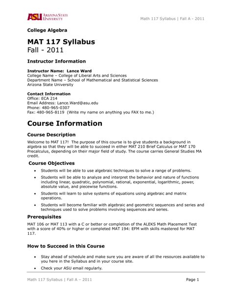 mat 117 syllabus fall 2011 course information