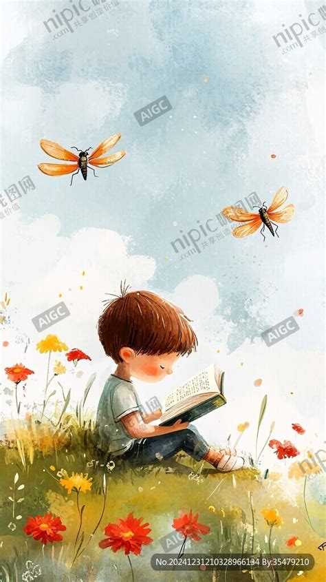 Ai创作图儿童看书插画 世界读书日手绘插画 阅读插画插图 读书日插画 世界读书日背景 读书日海报背景 读书看书知识文化教育 意境儿童插画 阅读