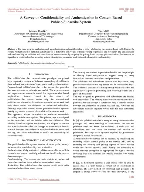 A Survey On Confidentiality And Authentication In Content Based Publish Subscribe System Pdf