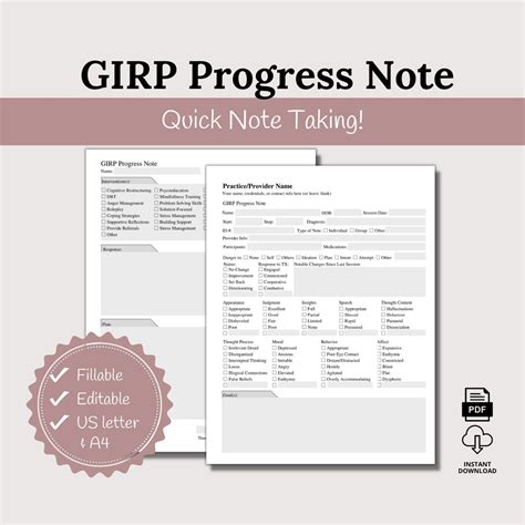 Girp Progress Note Template Fillable And Printable Mental Health Template Counseling Progress