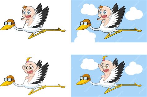 황새 만화 캐릭터 위에 비행 귀여운 아기 벡터 손으로 그린 컬렉션 집합 프리미엄 벡터