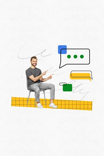 창조적 인 그림 수직선 콜라주 앉아 젊은 웃고있는 사람 가리키는 메시지 상자 채팅 통신 포럼 의견 공유 흰색 배경 25 29세에 대한 스톡 사진 및 기타 이미지 Istock