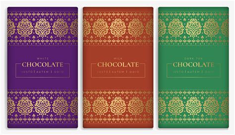 초콜릿 바의 다채로운 포장 디자인 빈티지 벡터 장식 템플릿 우아하고 고전적인 요소 음식 음료 및 기타 패키지 유형에 적합합니다