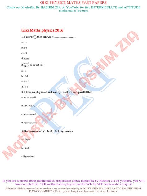 Giki Physics Maths Past Papers Pdf Mathematics Science