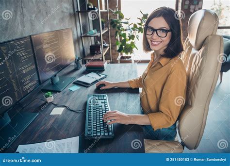 Profile Side View Portrait Of Attractive Cheery Girl Qualified Expert