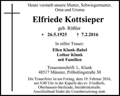Traueranzeigen Von Elfriede Kottsieper Trauer In Nrw De