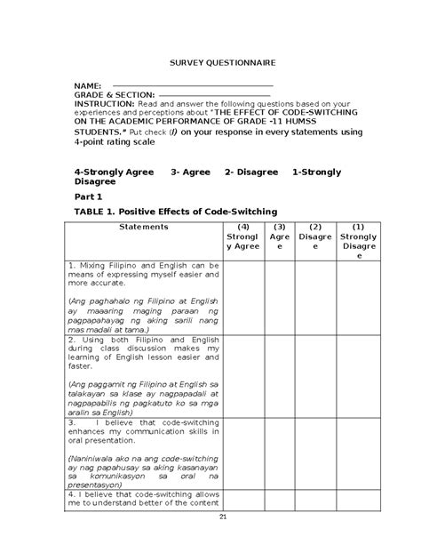 Survey Questionnaire On Code Switching Impact Grade 11 Humss Studocu