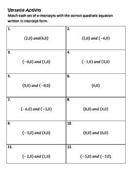 Algebra Versatiles Card Sort Quadratics Intercept Form By Brook Buckelew