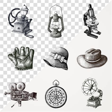 Hand Drawn Retro Object Design Element Set Premium Psd