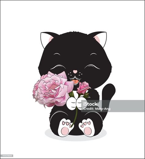 사랑 스러운 검은 색과 흰색 새끼 고양이 분홍색 장미와 배경 내가 당신을 사랑 한다고 고양이 새끼에 대한 스톡 벡터 아트 및